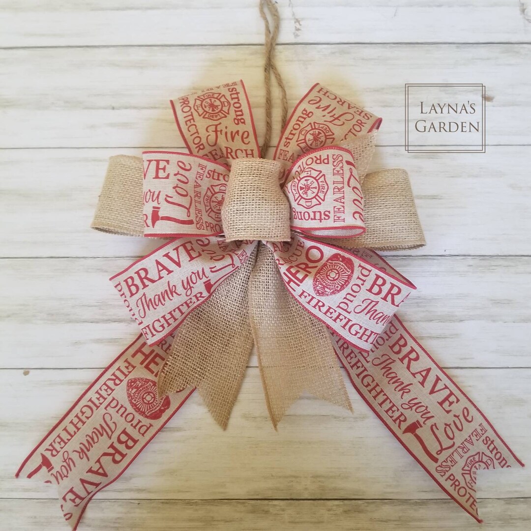 Firefighter Bow, Burlap Firefighters Bow, First Responders Bow, Red Tan ...
