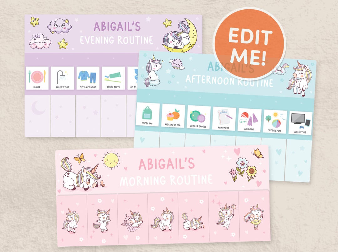 Editable Unicorn Daily Routine Chart for Girls – Personalized Morning ...