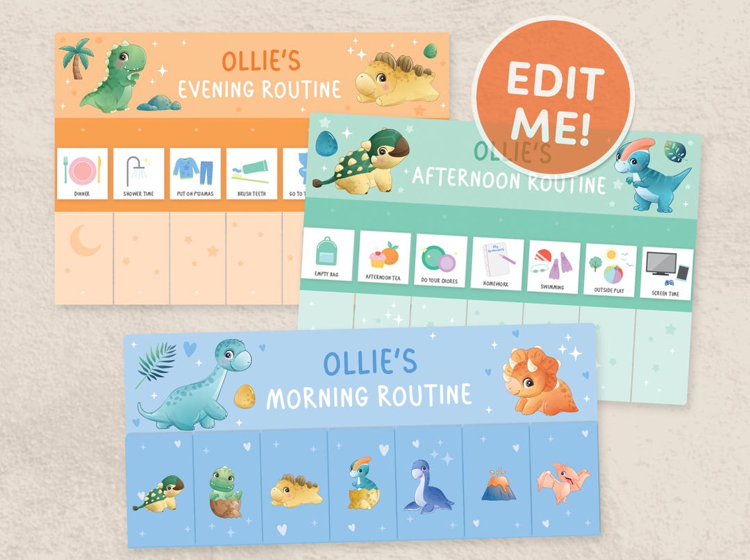 Editable Kids' Daily Routine Chart: Dinosaur Theme for Morning ...