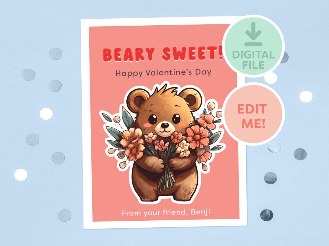 Beary Sweet Valentines Day Card Printable Valentine's Day Card ...