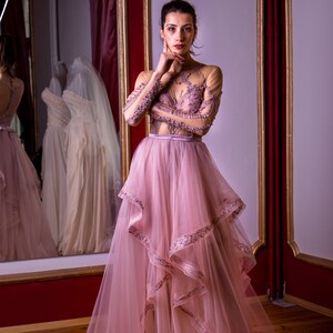 Short Rose Ash Evening Dress With Detachable Skirt, Short and Long ...