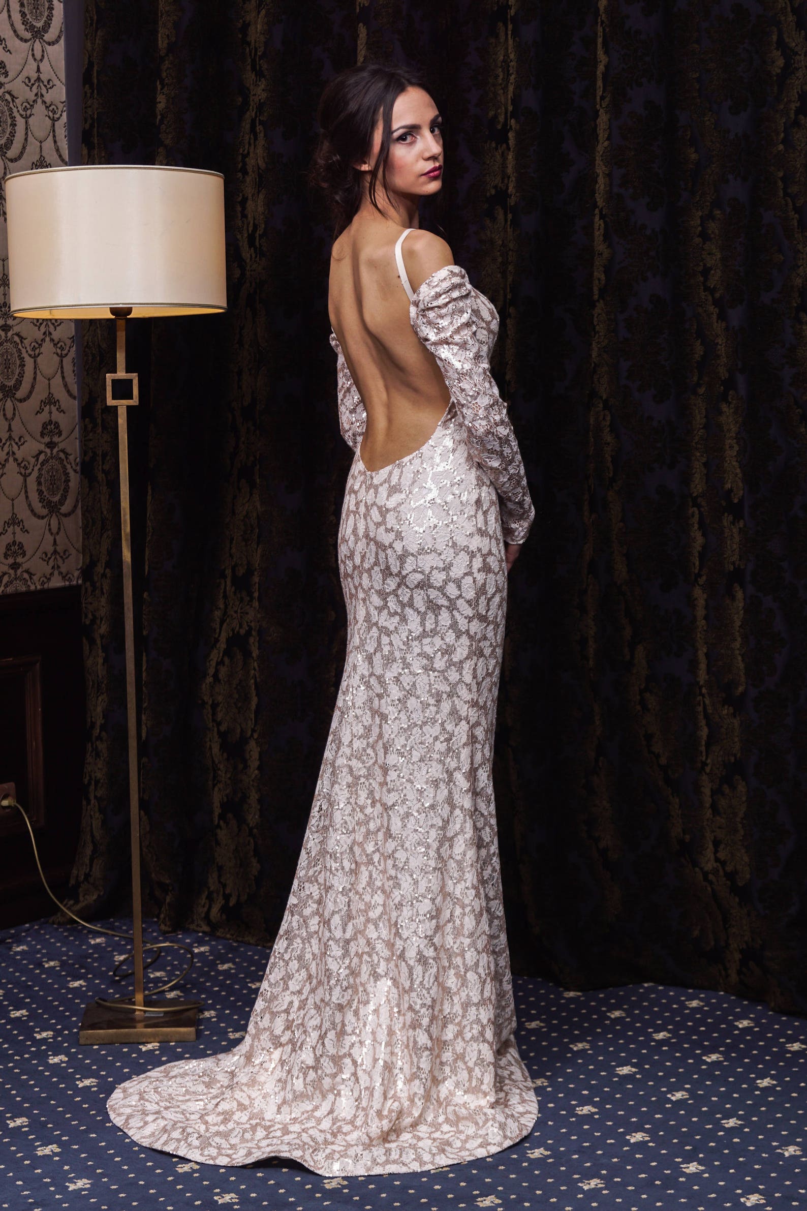 Sequin Wedding Dress in White, Open Back Sleeves Bridal Gown White Long ...