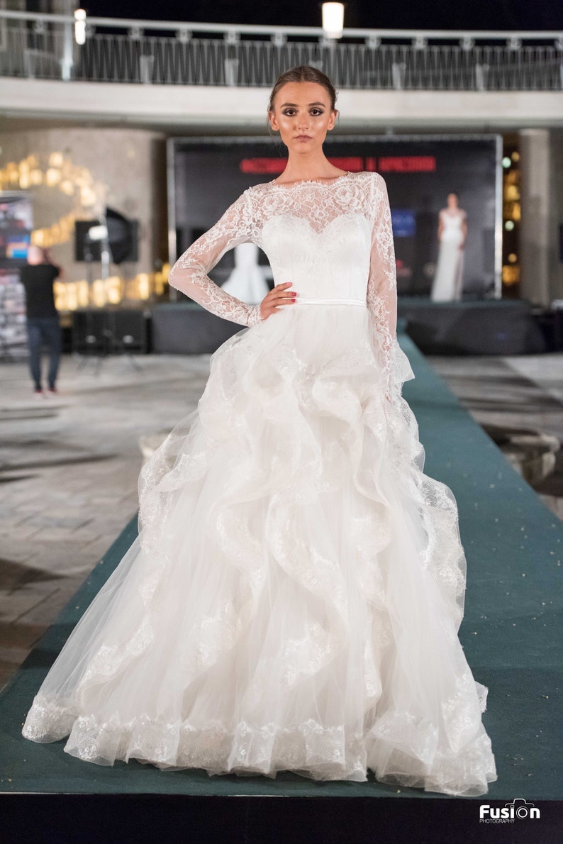 Long sleeve wedding dress with lace Frills bridal gown with | Etsy