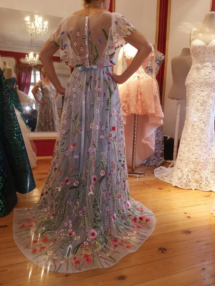 Flower Wedding Dress in Gray With a Transparent Back and | Etsy UK