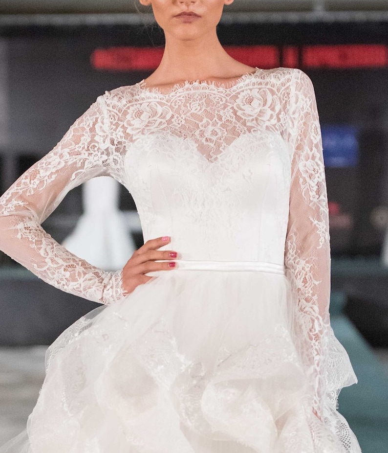 Long sleeve wedding dress with lace Frills bridal gown with | Etsy