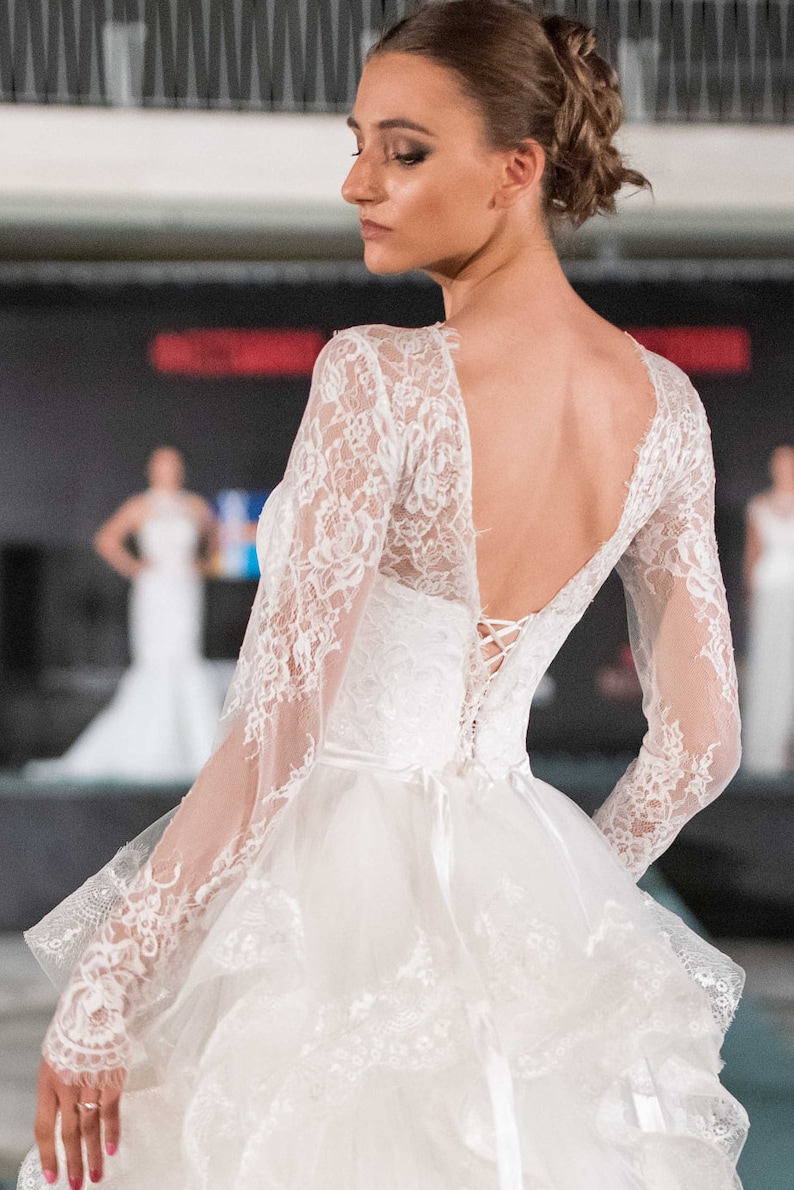Long sleeve wedding dress with lace Frills bridal gown with | Etsy
