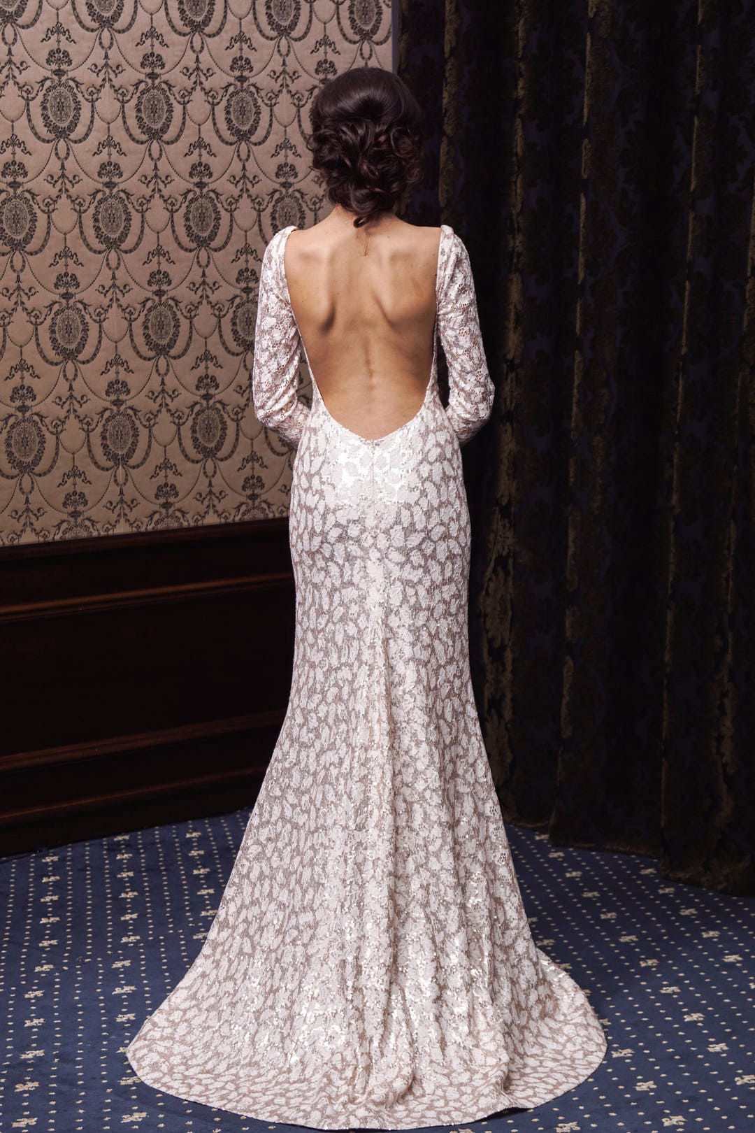 Sequin Wedding Dress in White, Open Back Sleeves Bridal Gown White Long ...