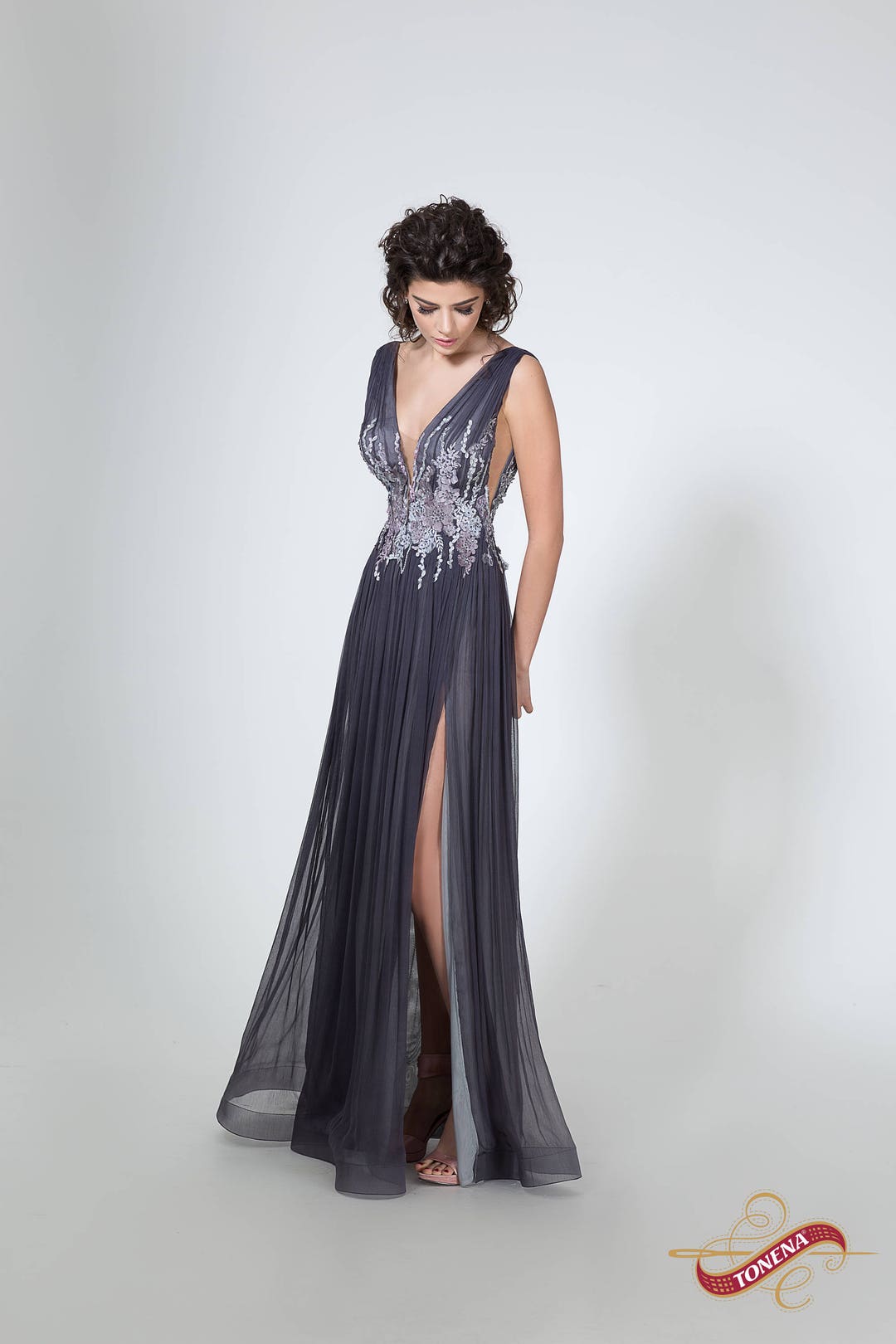 Backless Evening Dress in Gray, Sexy Prom Dress With Slit, Silk Evening ...