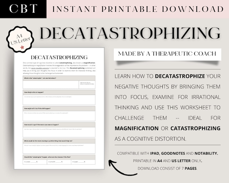 CBT DECATASTROPHIZING WORKSHEET -- Cognitive Restructuring/ Unhelpful ...