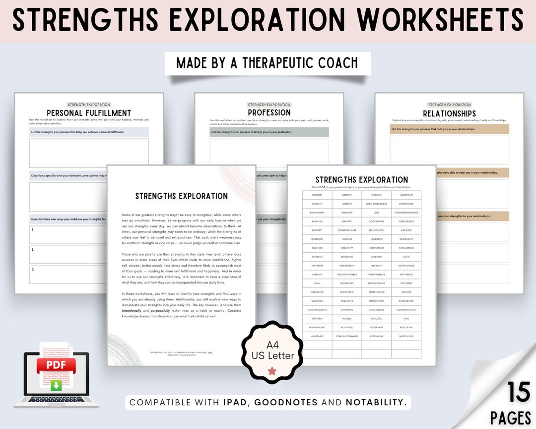 Strengths Exploration Worksheets Personal Beliefs Core Values Qualities ...