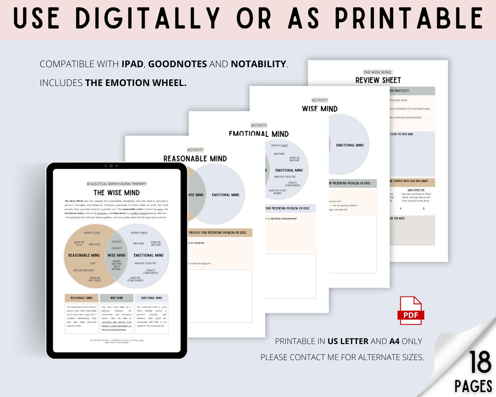 DBT WISE MIND Worksheets -- Mindfulness | Distress Tolerance ...
