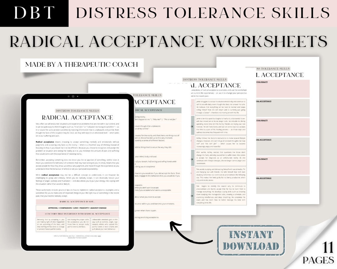 DBT RADICAL ACCEPTANCE Worksheets -- Distress Tolerance Skills/ Anxiety ...
