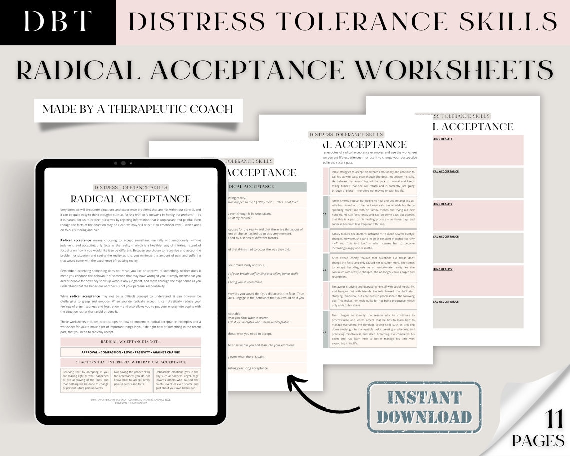 DBT RADICAL ACCEPTANCE Worksheets -- Distress Tolerance Skills/ Anxiety ...