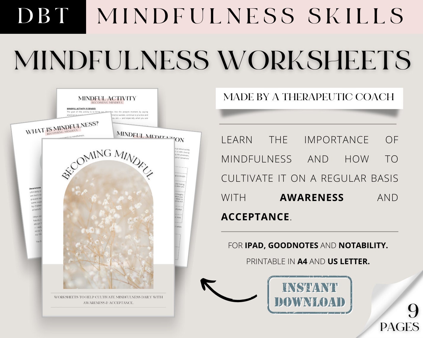 DBT MINDFULNESS WORKSHEETS 5 Senses & Mindful Meditation relationship ...