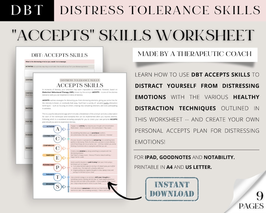 DBT ACCEPTS SKILLS Worksheets -- Distress Tolerance Skills/ Overcome ...