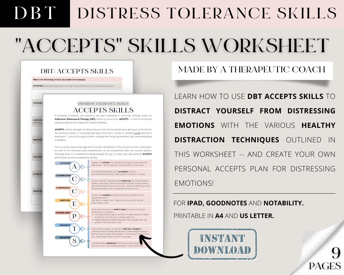 DBT ACCEPTS SKILLS Worksheets Distress Tolerance Skills/ Overcome ...