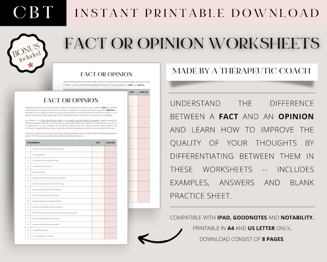 CBT Fact or Opinion Worksheets Change Negative Core Beliefs/ Cognitive ...