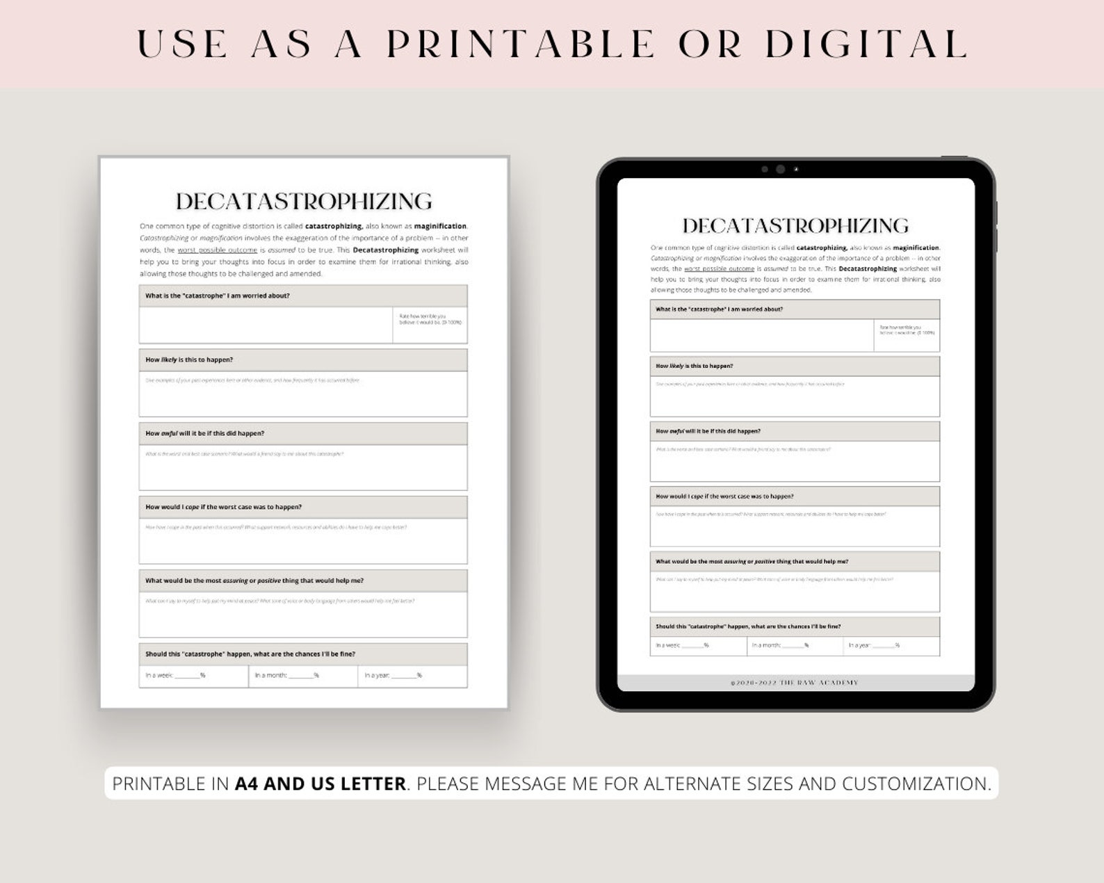 CBT DECATASTROPHIZING WORKSHEET -- Cognitive Restructuring/ Unhelpful ...