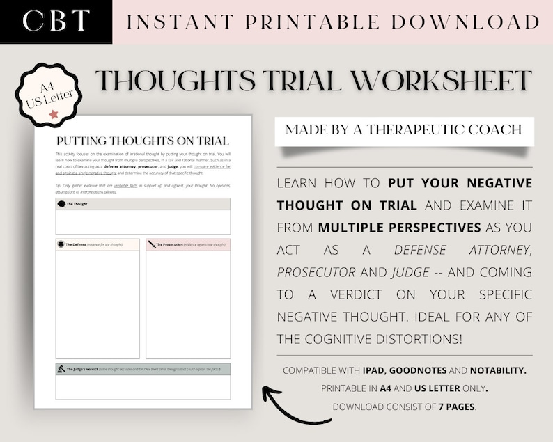 CBT THOUGHT TRIAL Worksheet -- Cognitive Restructuring/ Unhelpful ...