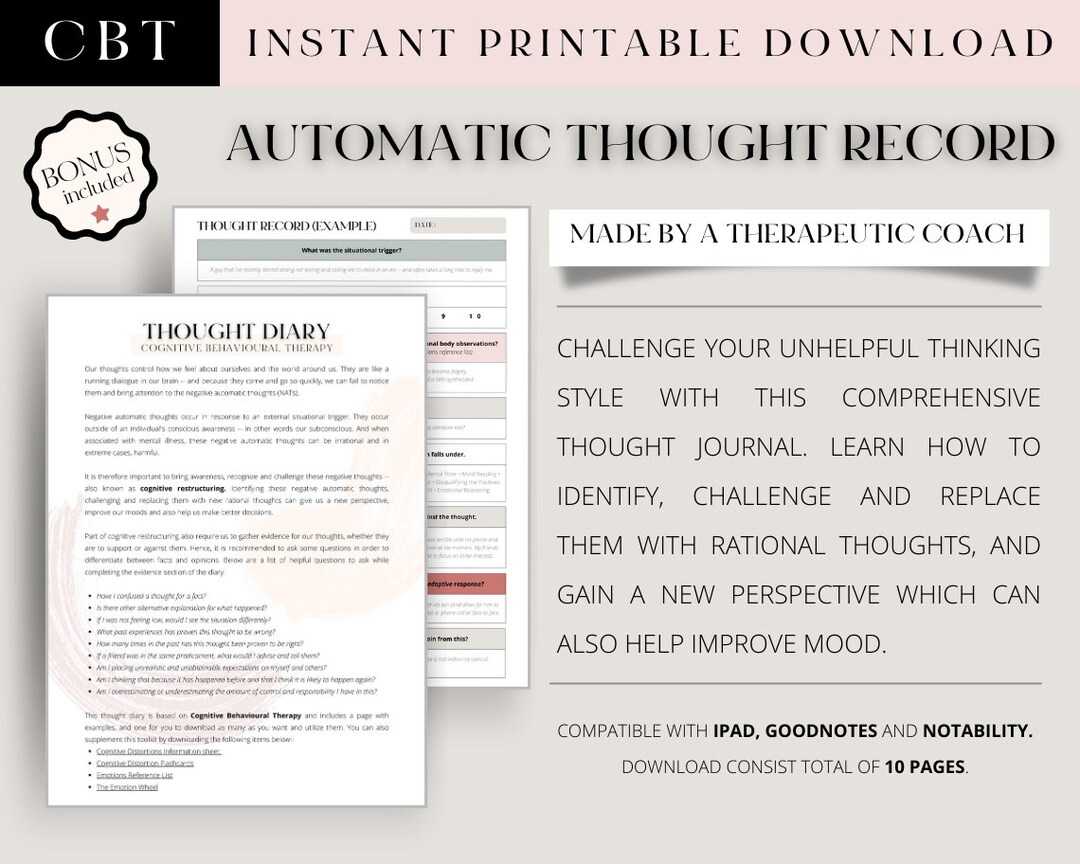CBT THOUGHT RECORD/ Journal/ Diary Challenge Negative Thoughts ...