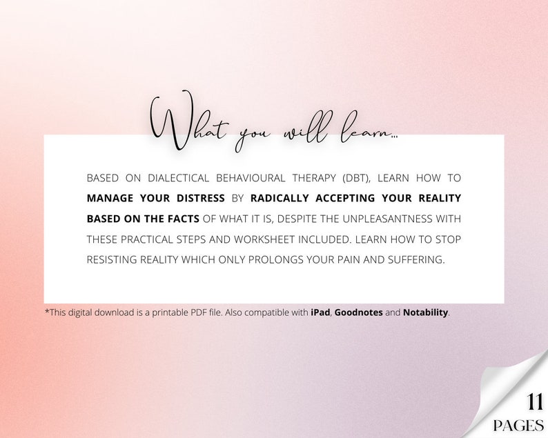 DBT RADICAL ACCEPTANCE Worksheets -- Distress Tolerance Skills/ Anxiety ...