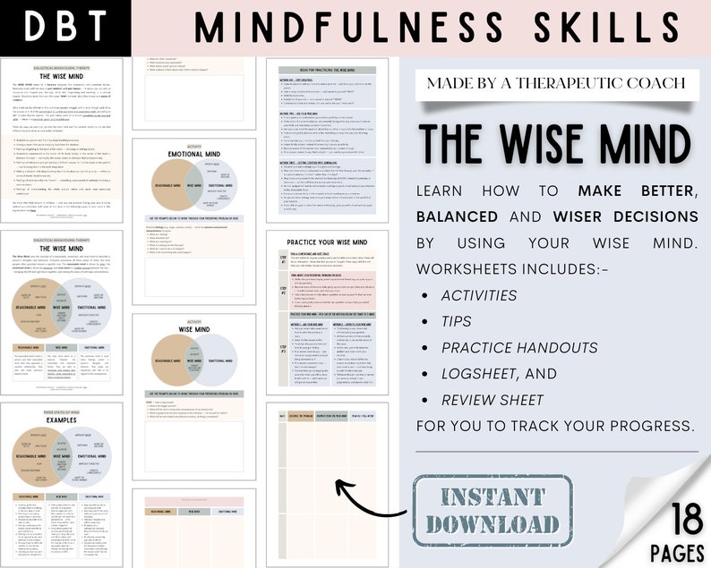DBT WISE MIND Worksheets -- Mindfulness | Distress Tolerance ...