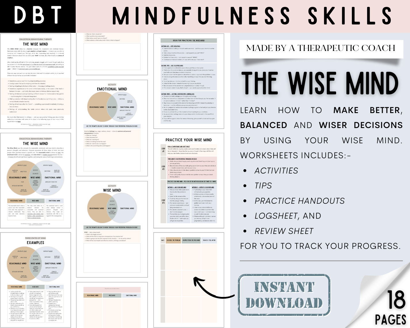 DBT WISE MIND Worksheets -- Mindfulness | Distress Tolerance ...