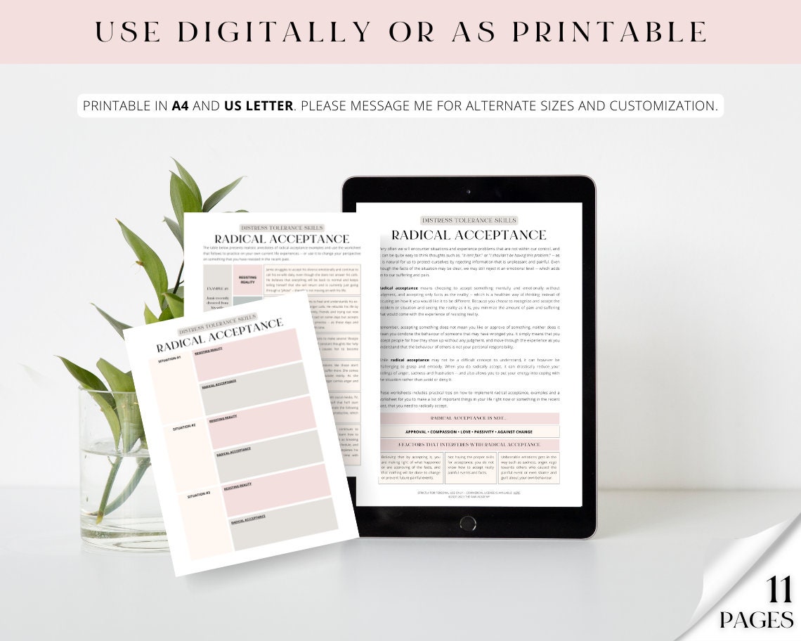 DBT RADICAL ACCEPTANCE Worksheets -- Distress Tolerance Skills/ Anxiety ...