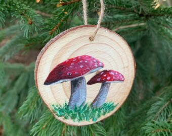 Hand Painted Live Edge Wood Mushroom Ornament - Etsy