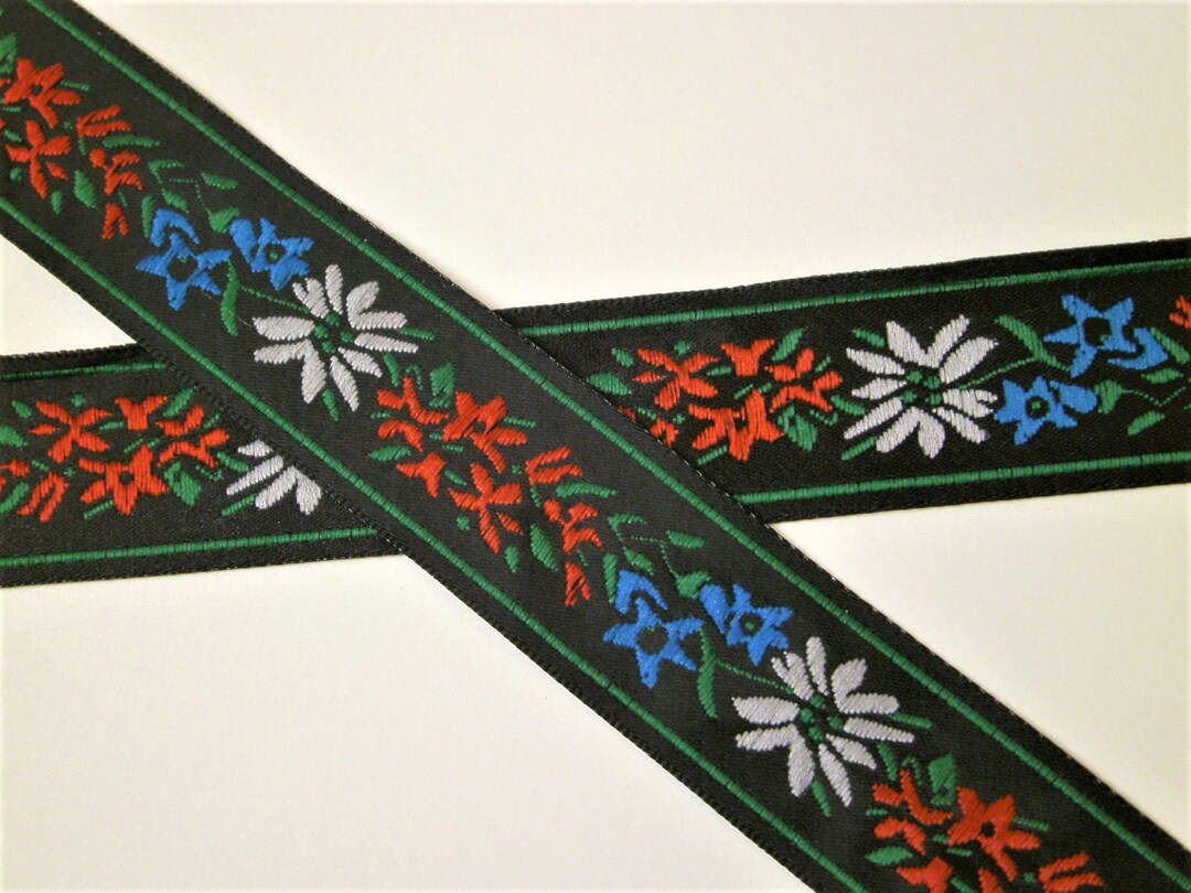 1 M Black Woven Ribbon "gentian and Edelweiss" 25 Mm W Dirndl ...