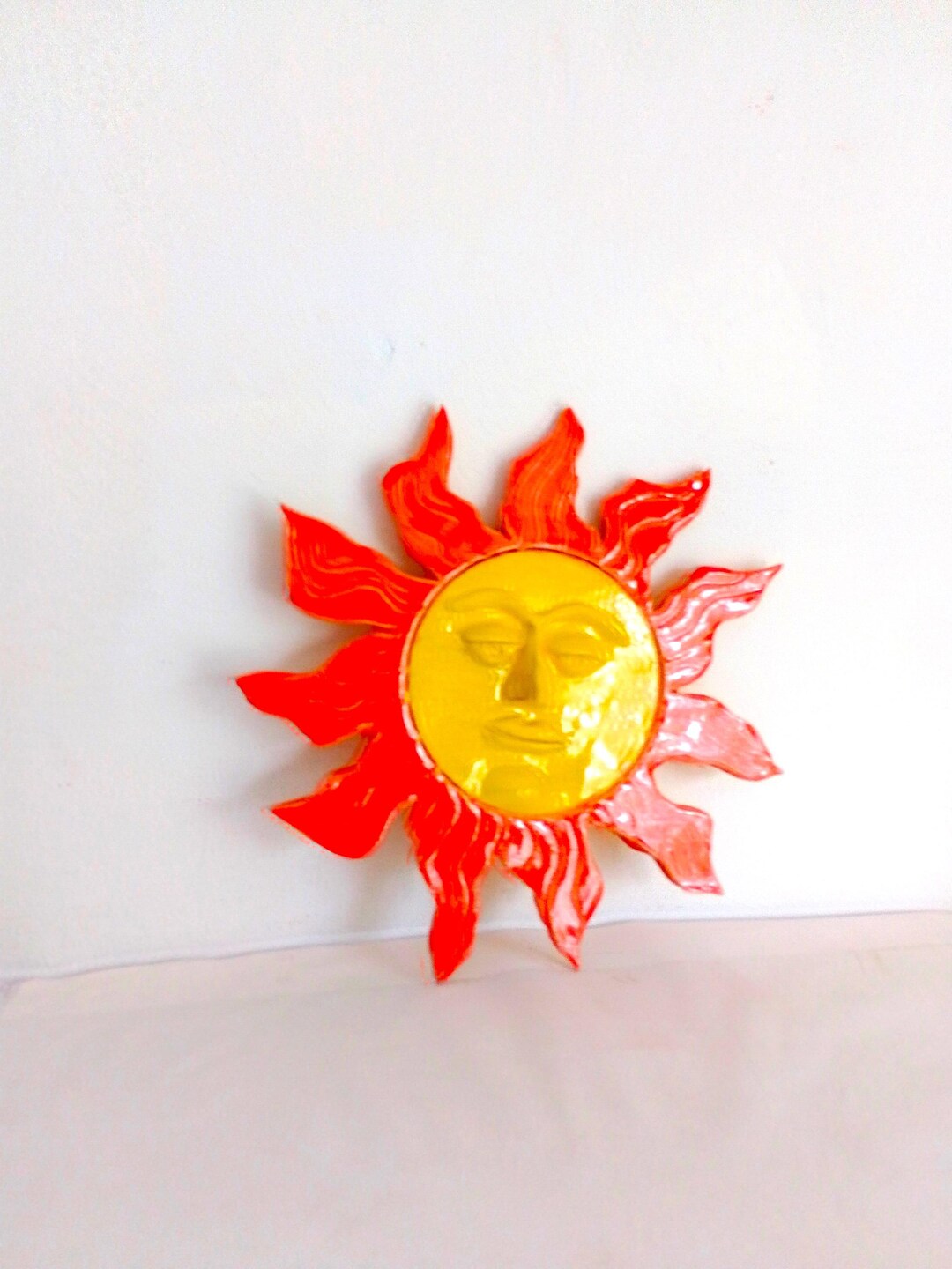 Ceramic Sun Face Wall Art, Sun Face Red and Yellow Hanging Ornament, Sun Face Plaque, Sun Face ...