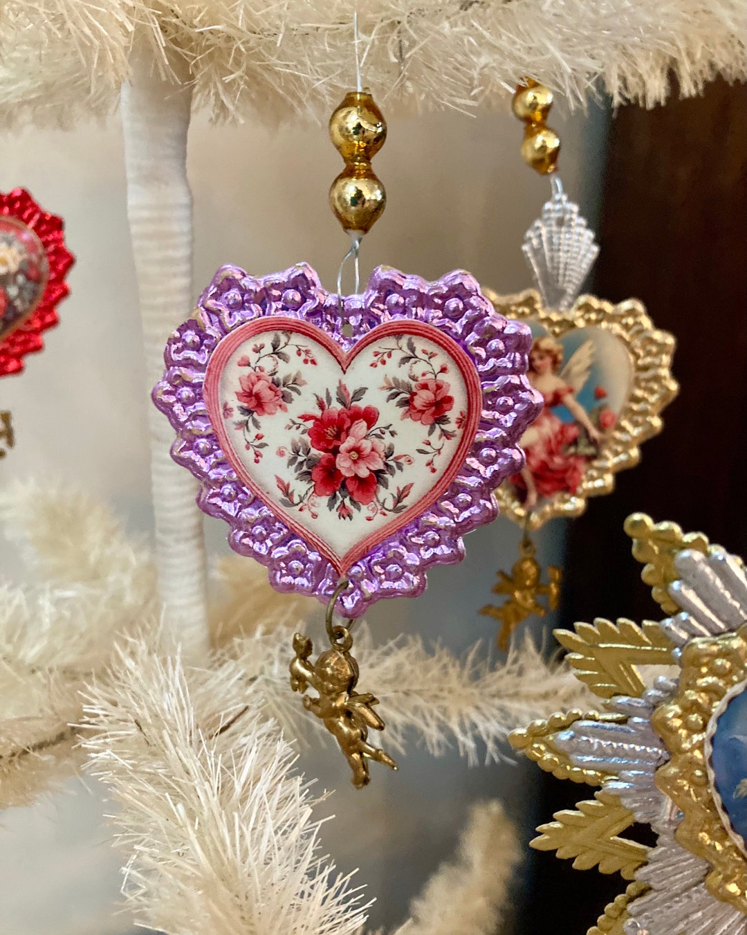 Vintage Inspired Valentine German Dresden Ornament, Hearts, Angel ...