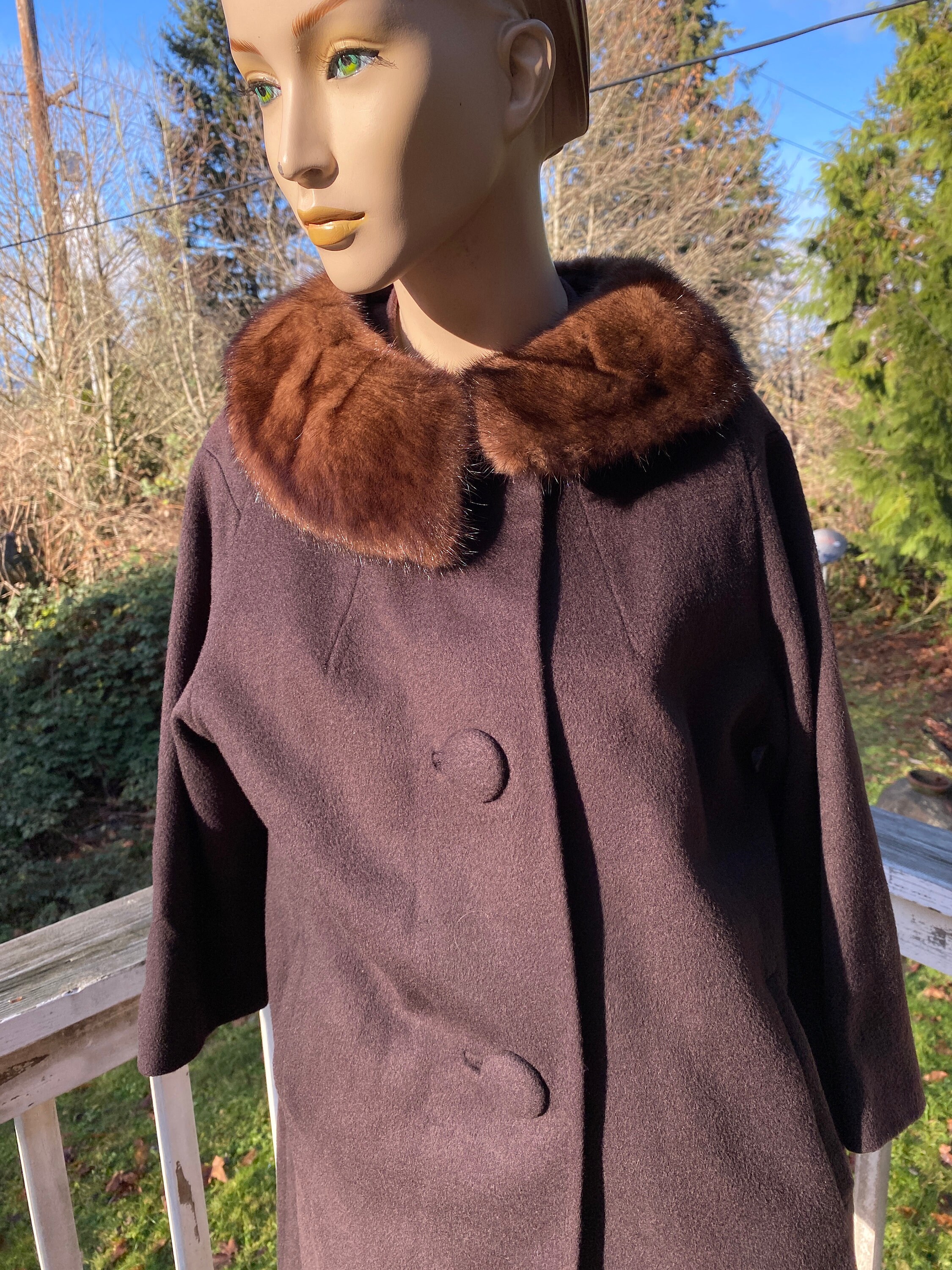Brown wool cashmere Ebonique 60s fur collar coat | Etsy