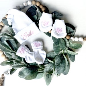Monogram Newborn Hospital Gift Set. Newborn Hat, Mitten and Sock Set ...