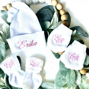 Monogram Newborn Hospital Gift Set. Newborn Hat, Mitten and Sock Set ...