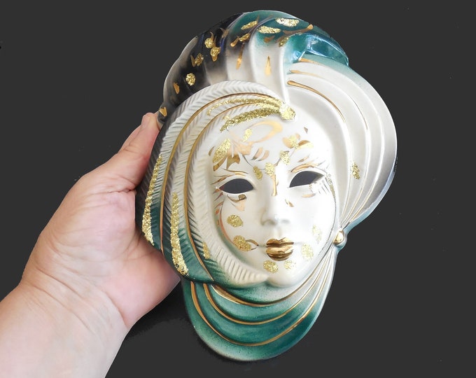 Venetian Ceramic Face Mask Wall Hanging 9" Hand Painted Glitter Gold ...