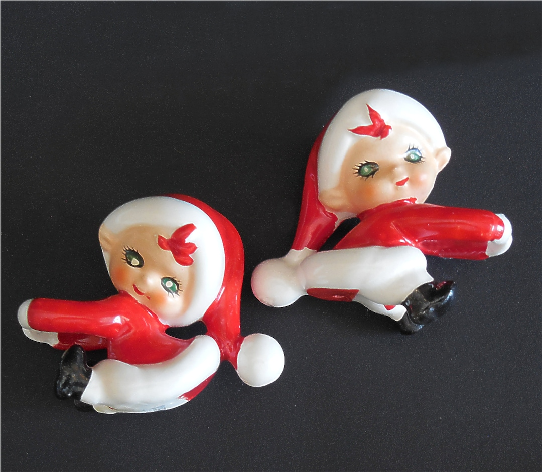 Lefton Santakins Candle Hugger Climber Pair 1950s Christmas Elf Pixie ...