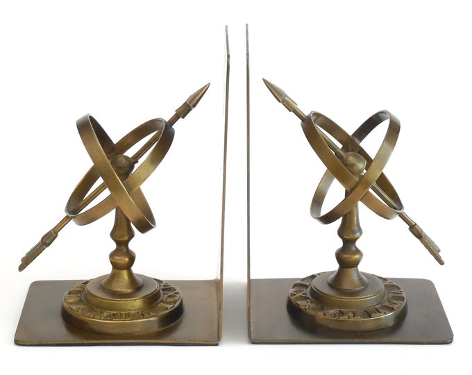 Vintage Brass Bookends Armillary Sphere Atlas Globe Arrow Sundial - Etsy