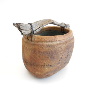 Vintage Rustic Stoneware Pot With Wood Handle Unique Studio Pottery - Etsy