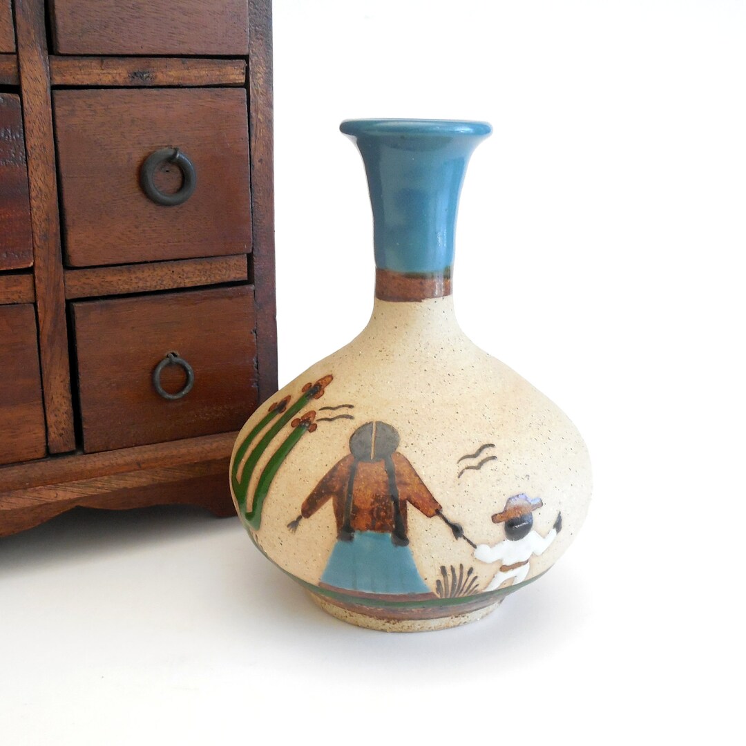 Mexican Tonala Sand Pottery Vase With Mother and Child 6 1/2" Excellent ...