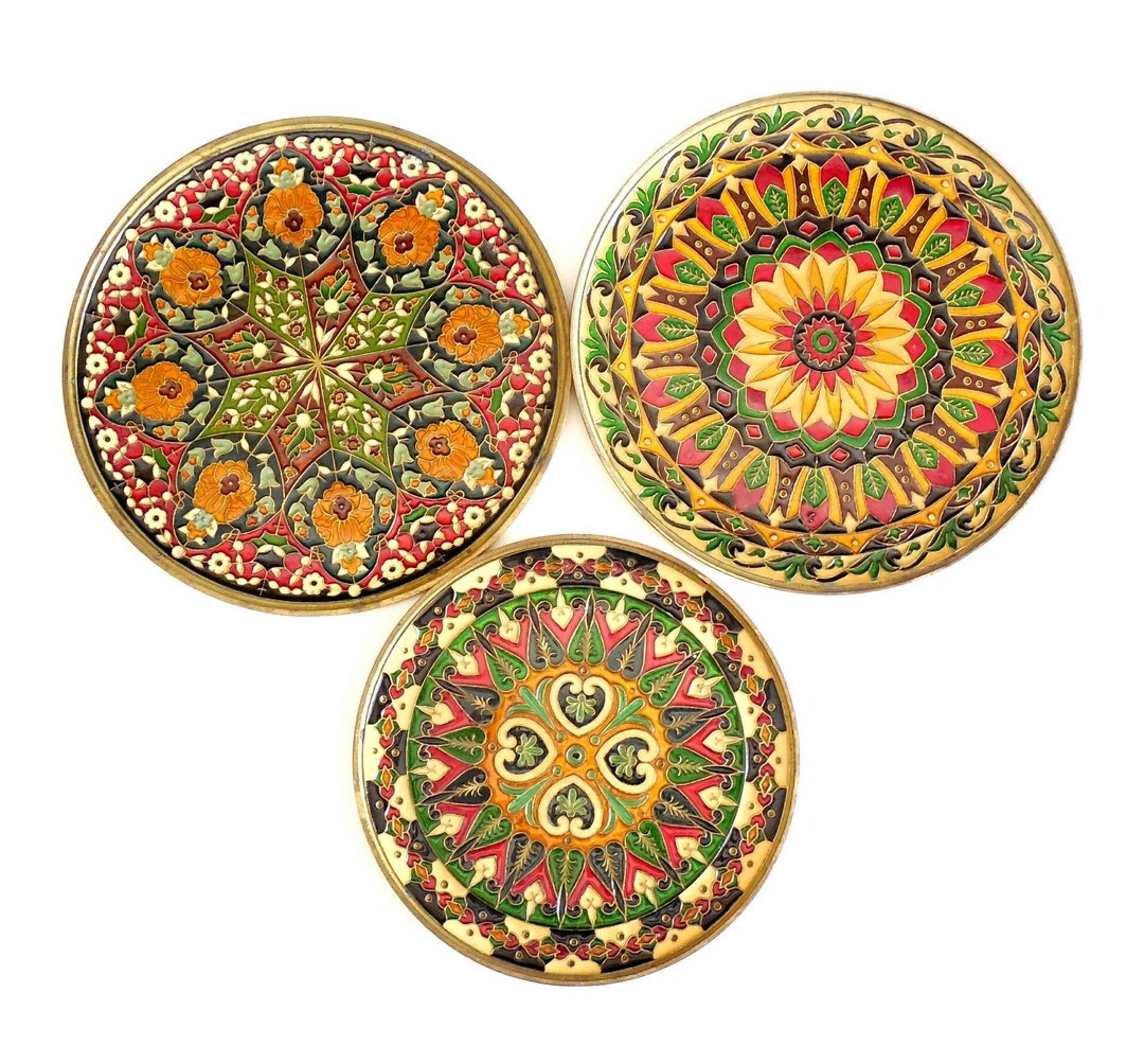 Enamel Brass Wall Plates 3 Pc Moravian Mandala Cloisonné Style Serving ...