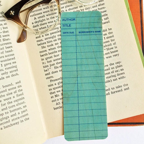 Blue Library Book Card Design wooden Maple Bookmark Vintage | Etsy