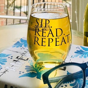 Sip. Read. Repeat. 15oz Stemless Wine Glass Gifts for Bibliophiles ...