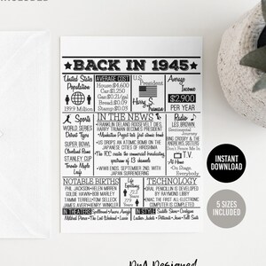 Back in 1945 DIGITAL Sign - Instant Download DIY Print for Birthday or ...