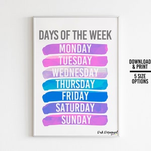 Days of the Week Watercolor Printable for Kids at Home - Etsy