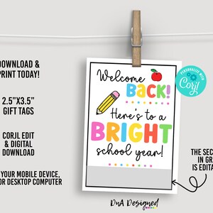 Welcome Back to a Bright School Year Gift Tag for Teachers - DIGITAL ...
