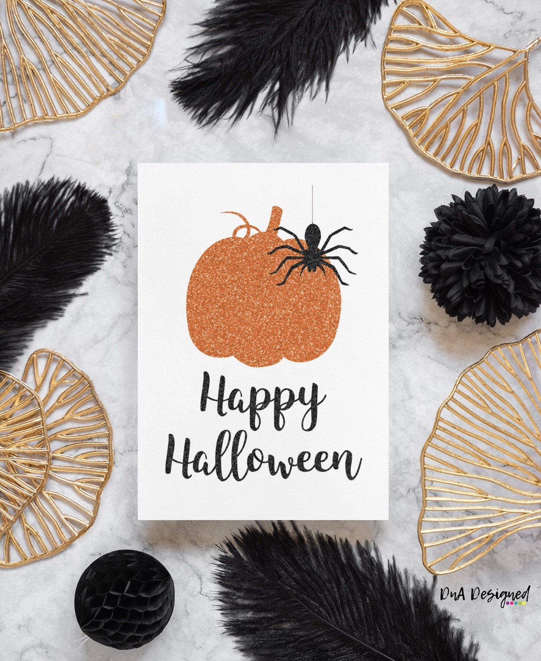 Happy Halloween Glitter Black & Orange Spider With Pumpkin Printable ...