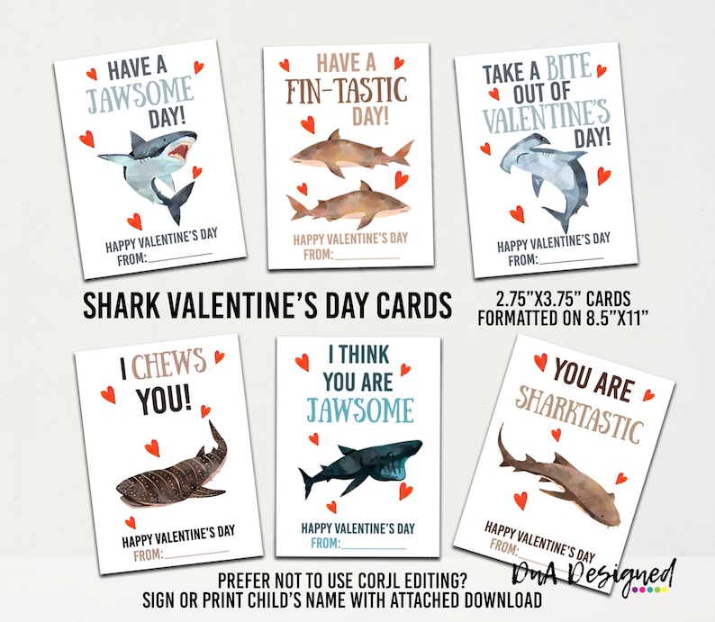 Shark Valentine DIY Editable Print Cards for Kids DIGITAL - Etsy