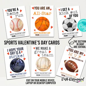Sports Valentine DIY Print Cards for Kids - DIGITAL Football Basketball ...