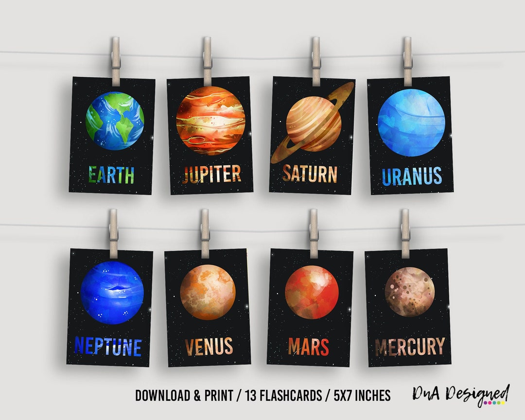 Printable Planets Flash Cards for Kids Learning - DIGITAL Watercolor ...
